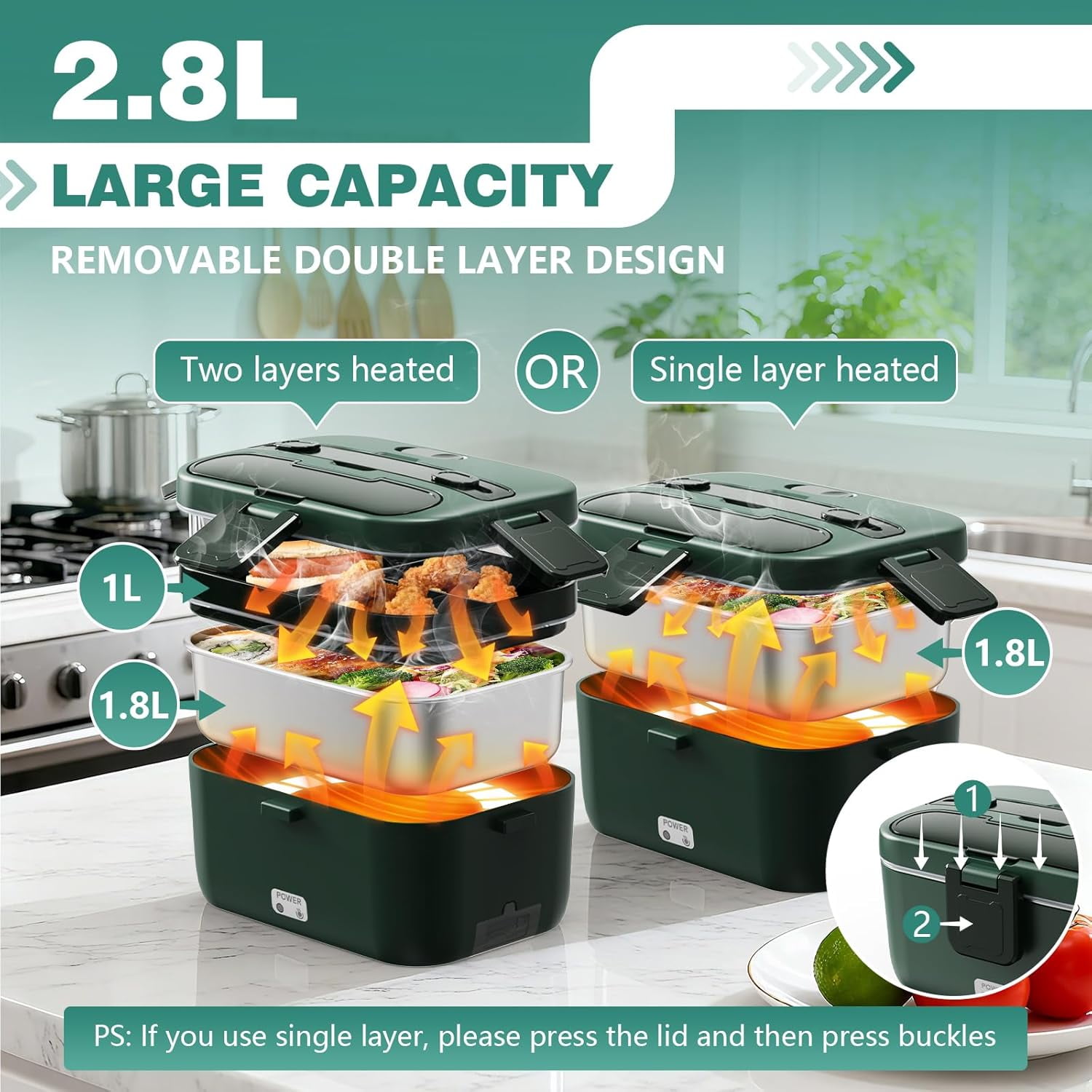 JUNCHI-Electric Lunch Box for Adults, 2.8L Double Layer 100W Fast ...