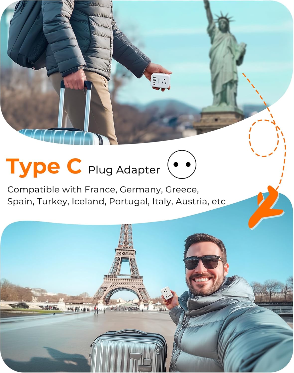 JUNCHI-European Travel Plug Adapter, Foldable US to Europe Plug Adapter ...