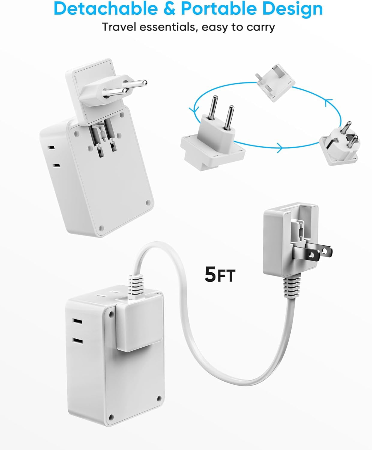 JUNCHI-European Travel Plug Adapter Kit, 5ft Detachable Extension Cord ...
