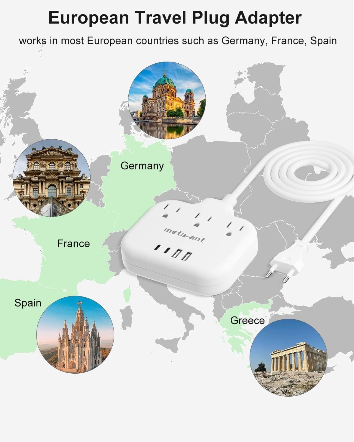 JUNCHI-European Travel Plug Adapter, US to Europe Plug Adapter with 3 ...