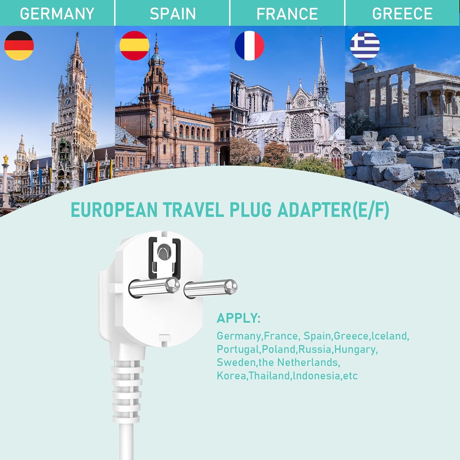 JUNCHI-European Travel Plug Adapter with USB C, 6FT Extension Cord, US ...