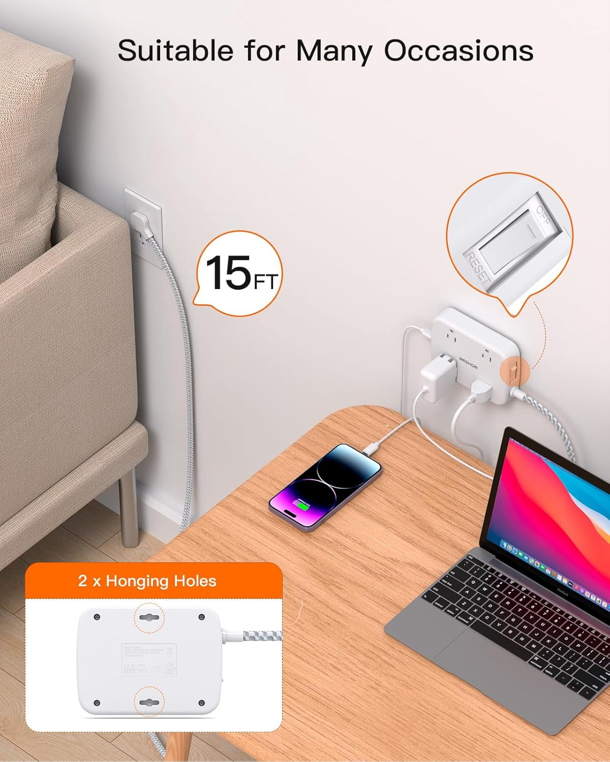JUNCHI-Extension Cord 15 ft, Long Power Strip with 2 USB C, Flat Plug ...