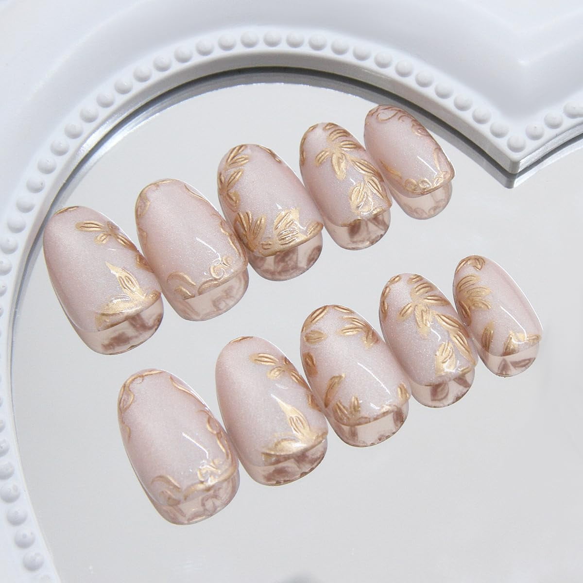 JUNCHI-Fall Gold Leaf Press On Nails Round Short Nude Cat Eye Press On ...