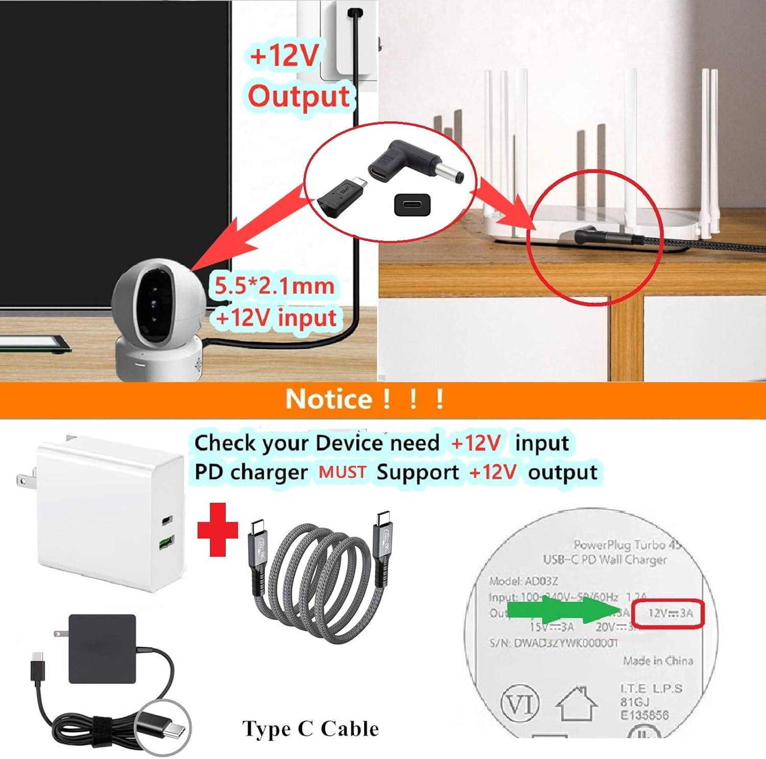 JUNCHI-Female USB C to Male DC 5.5mm x 2.1mm Converter, 12V 3A USB Type ...