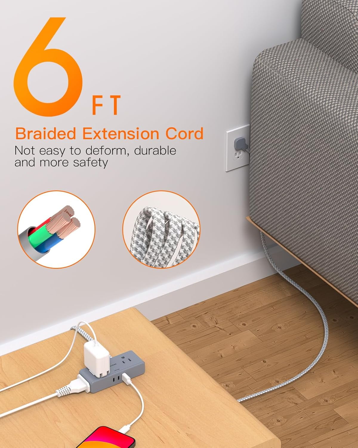 JUNCHI-Flat Plug Power Strip 6 feet, 4 Widely Outlets with 3 USB Ports ...