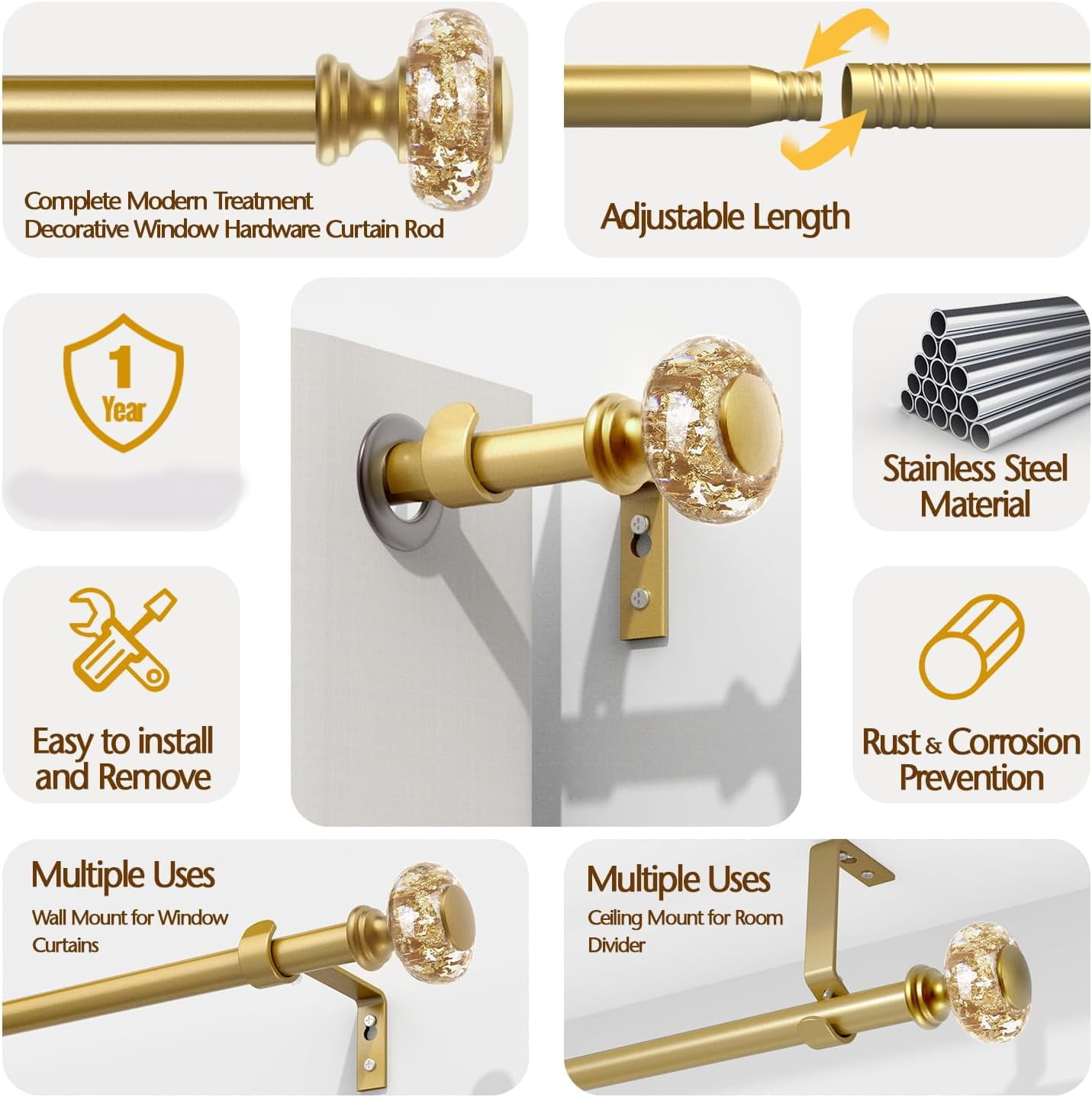 JUNCHI-Gold Curtain Rods for Windows 32-72 Inch: 1 Inch Adjustable ...