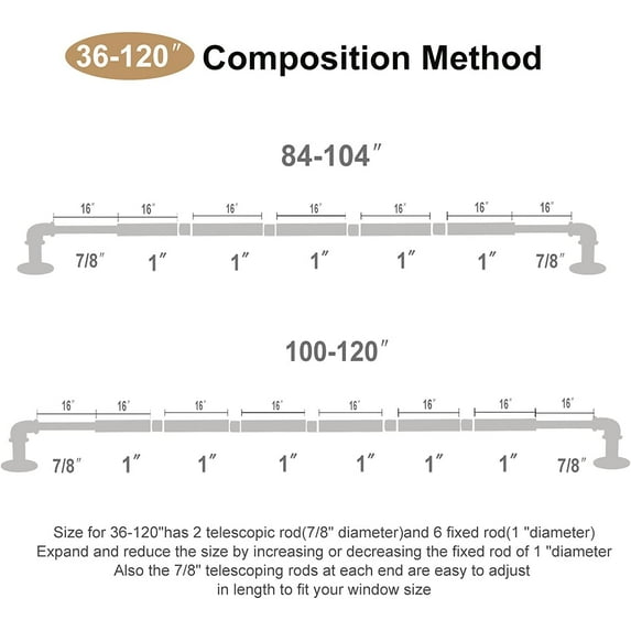 JUNCHI-Gold Industrial Curtain Rods for Windows 66 to 120 Inch(5.5 to ...