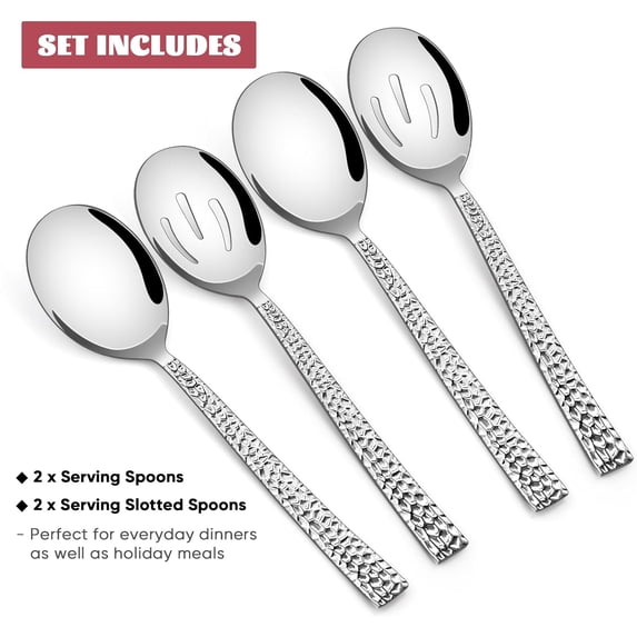 JUNCHI-Hammered Serving Spoons, 4-Piece Stainless Steel Serving ...