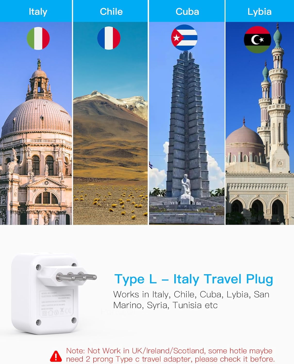 JUNCHI-Italy Travel Plug Adapter, Type L Power Plug Adapter with 2 ...