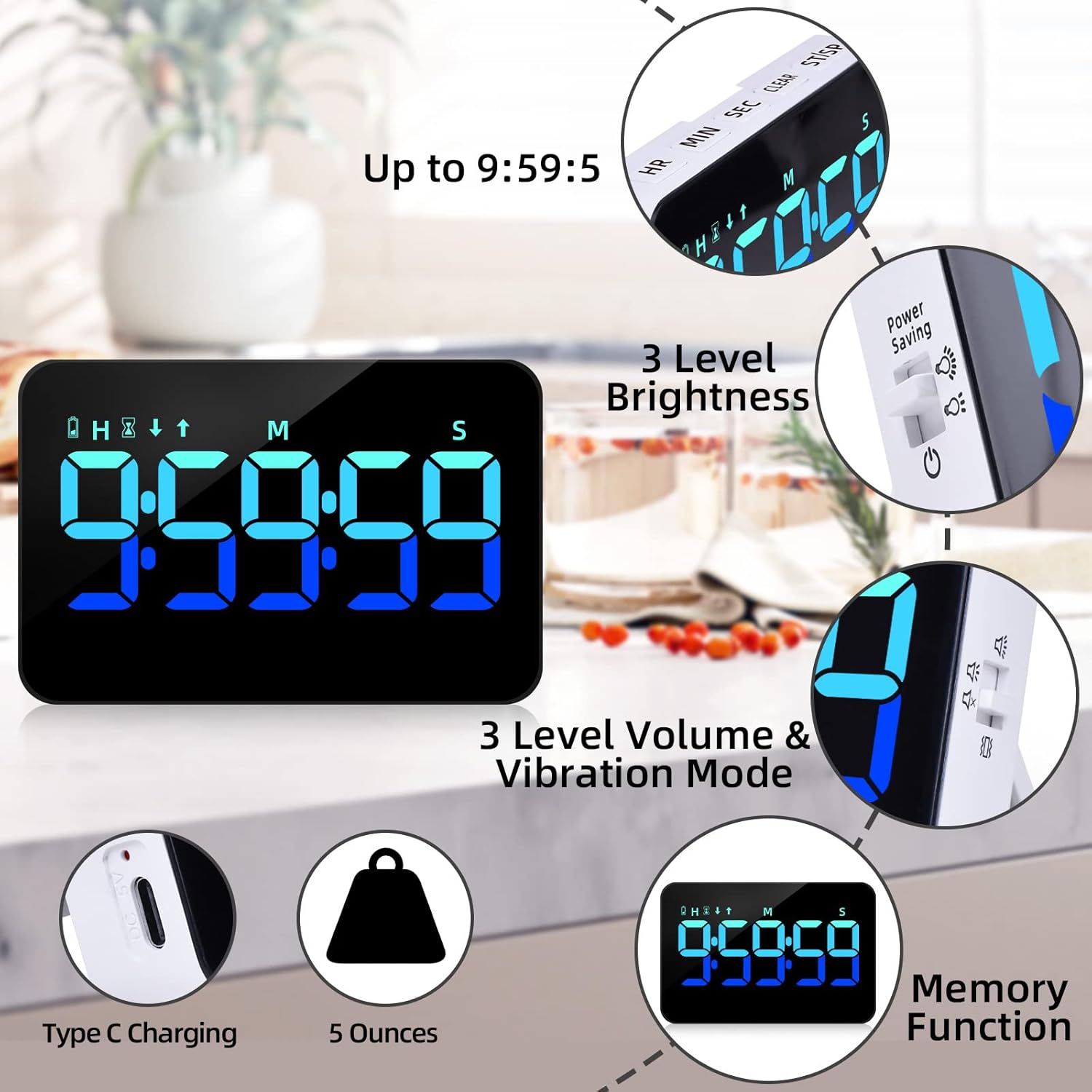 Junchi Kitchen Digital Timer Count Down Up Rechargeable Vibration