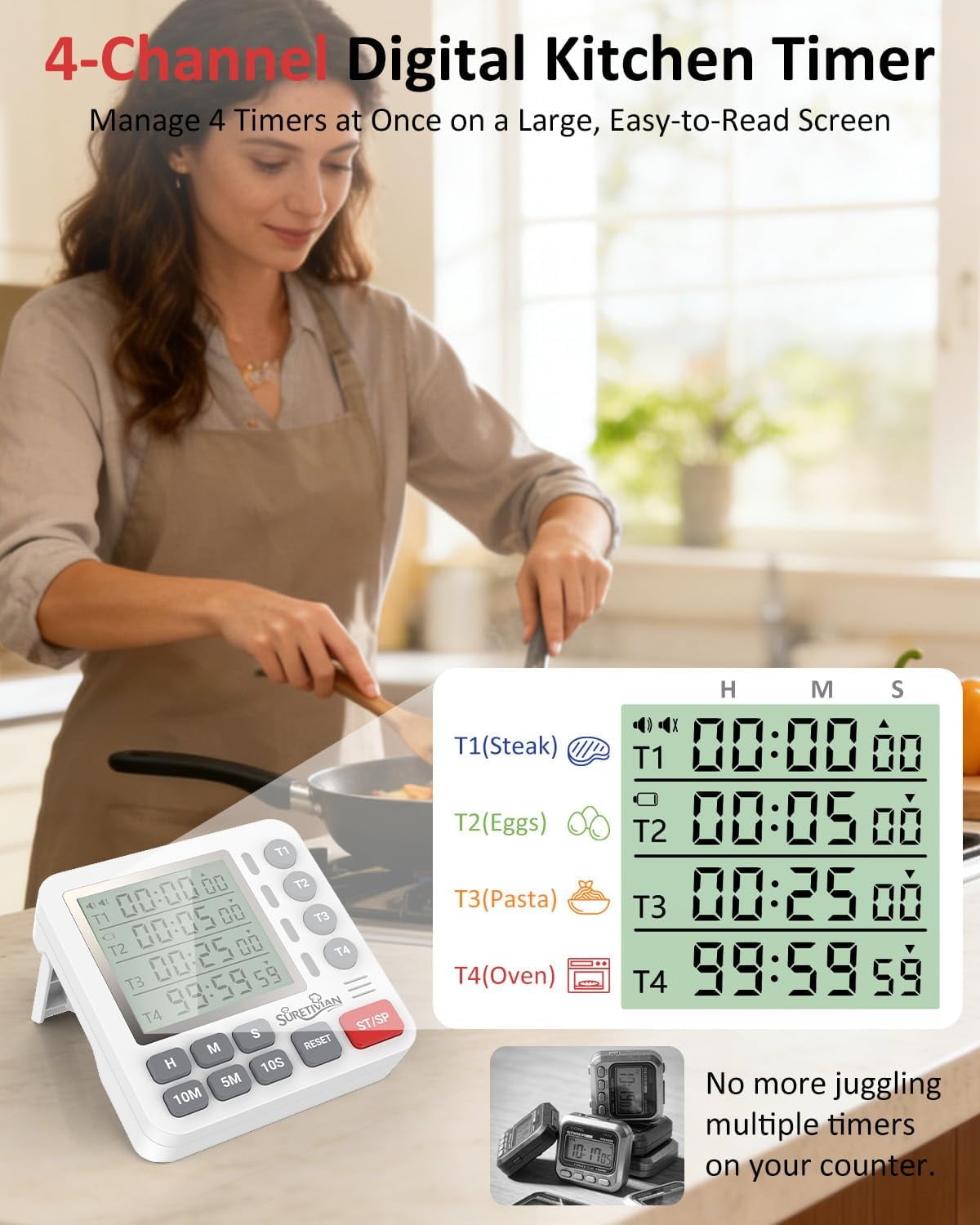 JUNCHI-Kitchen Timers for Cooking - 4 Channel Digital Timer with Loud ...