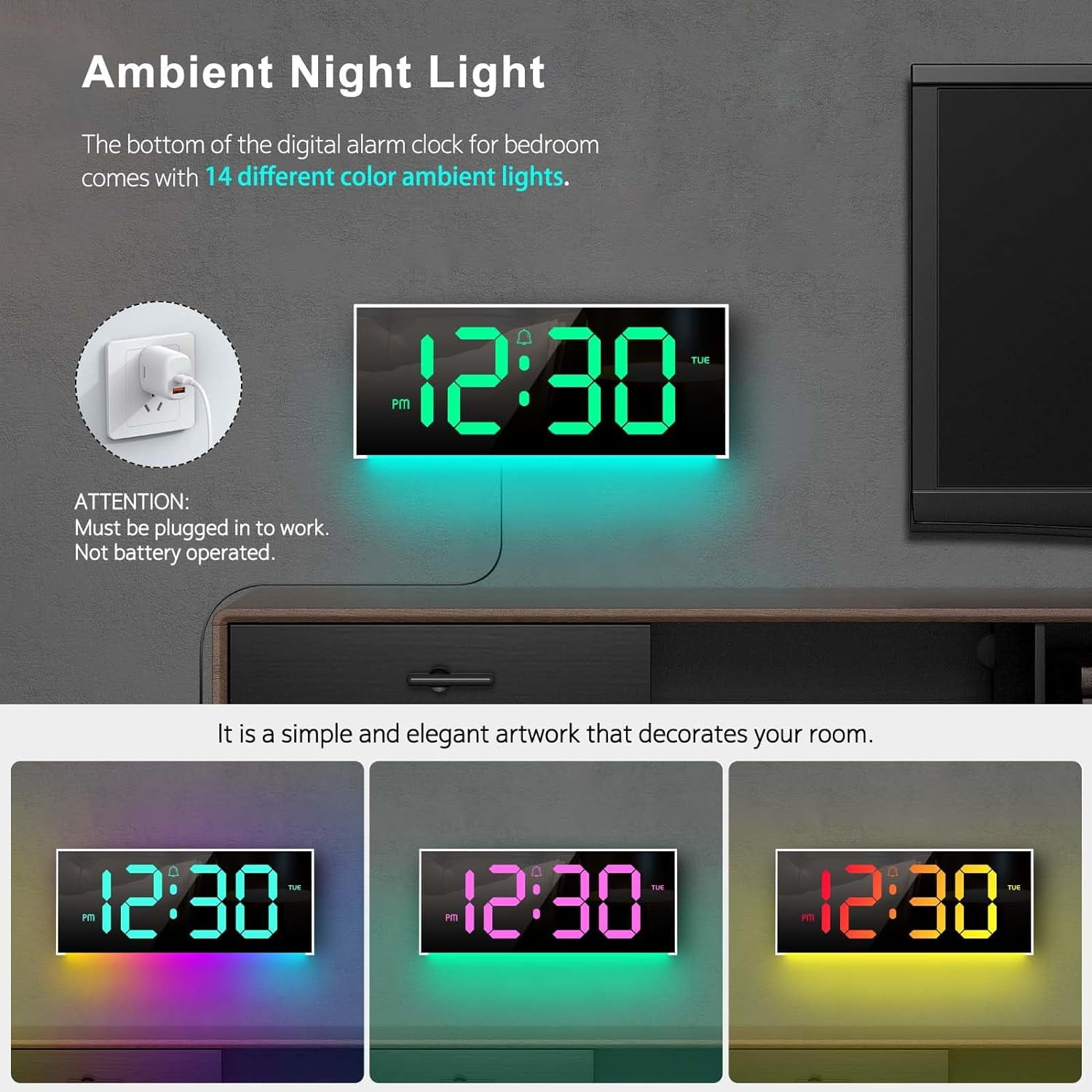 JUNCHI-Large Digital Wall Clock 12", Digital Clock with Full Screen ...