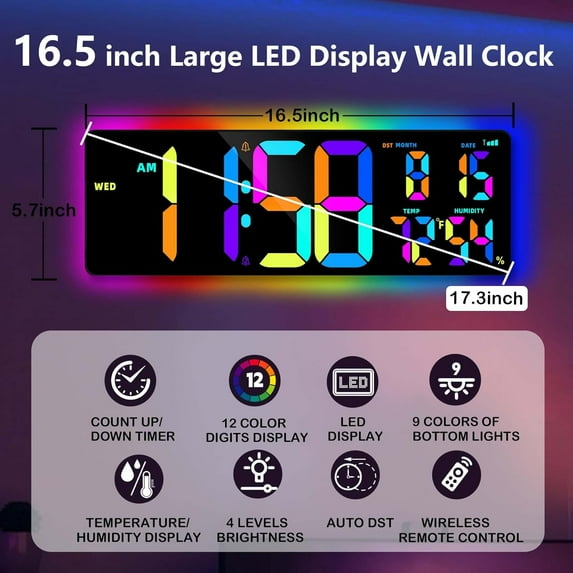 JUNCHI-Large Digital Wall Clock 16.5", Count Down Timer, Bluetooth Sync ...