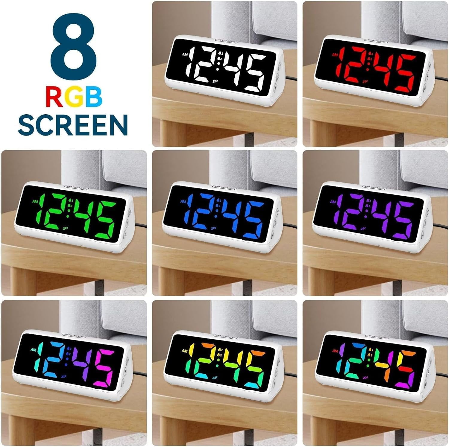 JUNCHI-Loud Alarm Clock for Heavy Sleepers, Plug-in RGB Vibrating Alarm ...