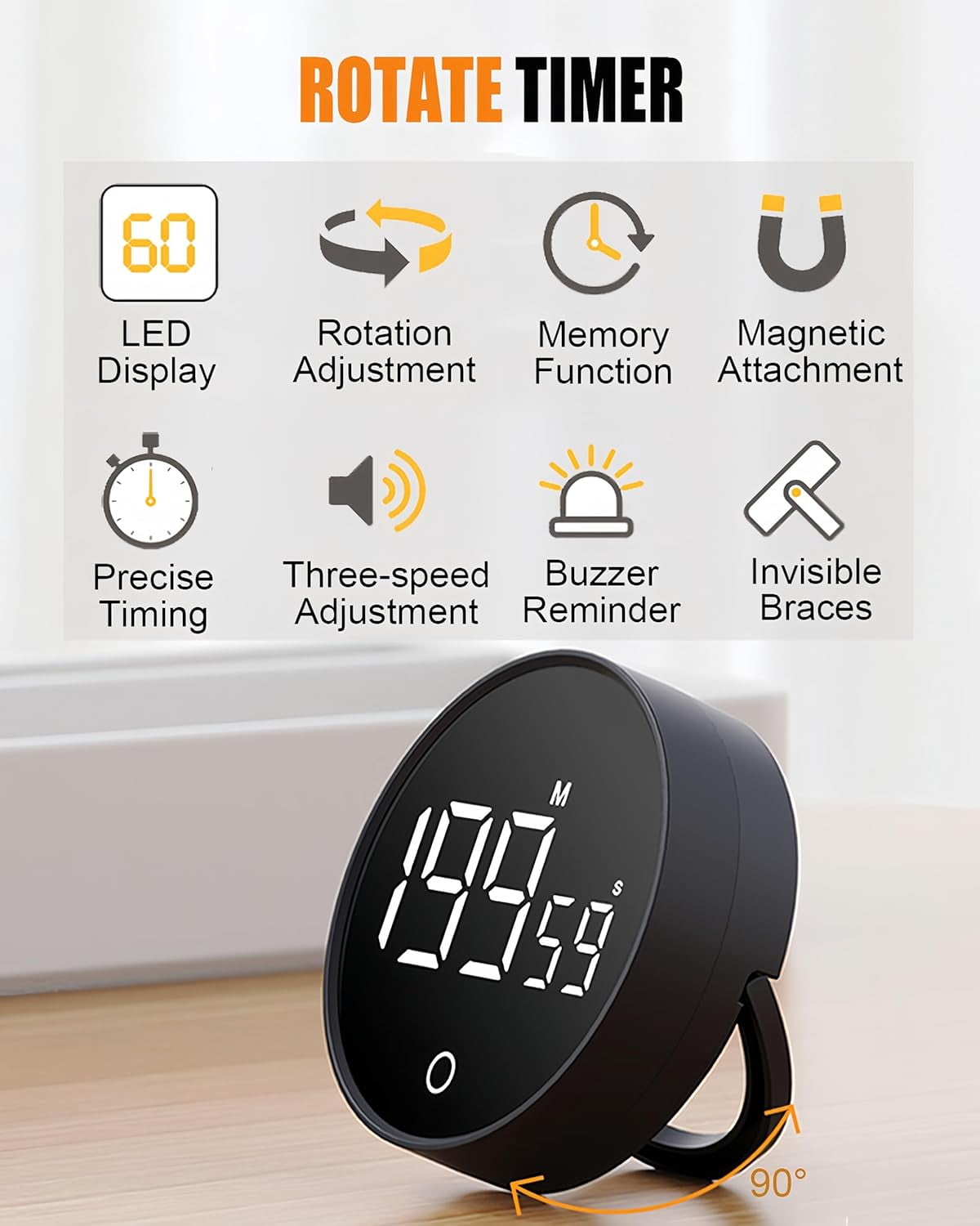 JUNCHI-Magnetic Digital Kitchen Timer, 3 Volume Levels LED Display ...