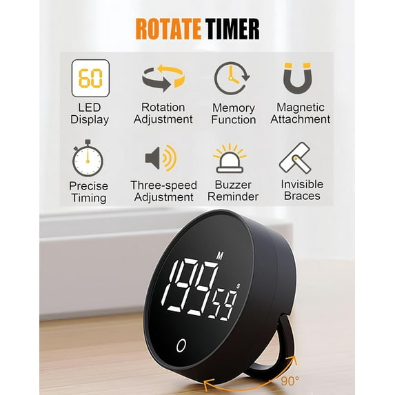 JUNCHI-Magnetic Digital Kitchen Timer, 3 Volume Levels LED Display ...