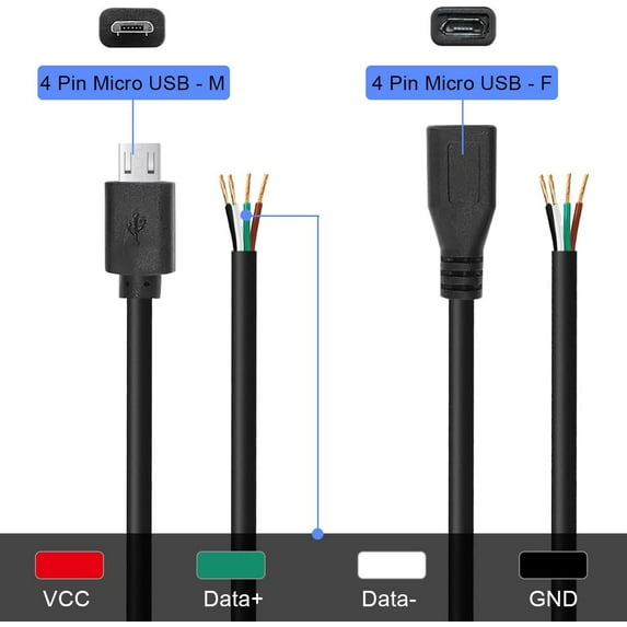 JUNCHI-Micro USB 2.0 Cable Male Female to 4 x Open Cable Ends, USB ...
