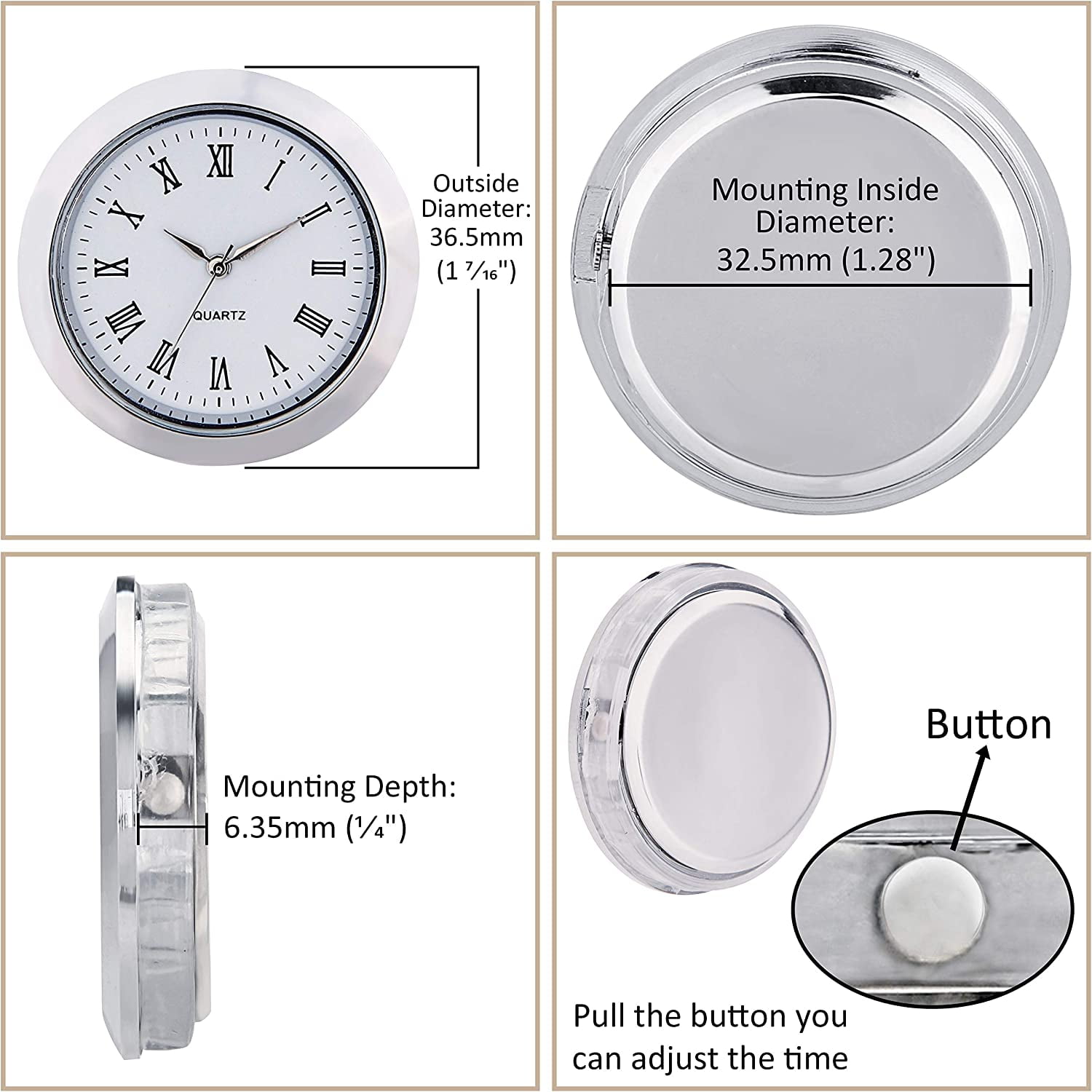 JUNCHI-Mini Clock Insert 1 7/16" (35mm) Quartz Movement | Miniature ...