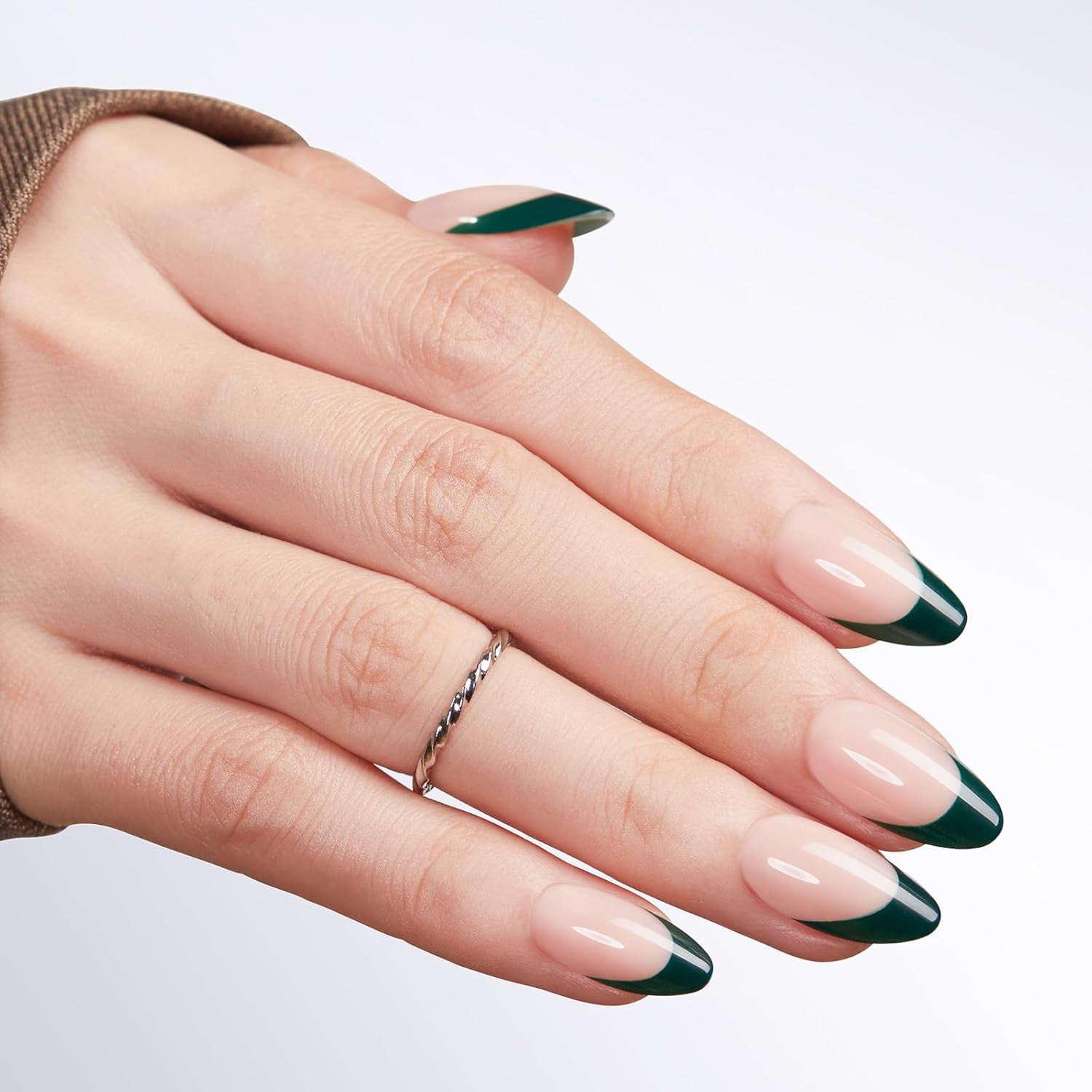 JUNCHI-Modelones Green French Tip Press on Nails Almond, Short Almond ...