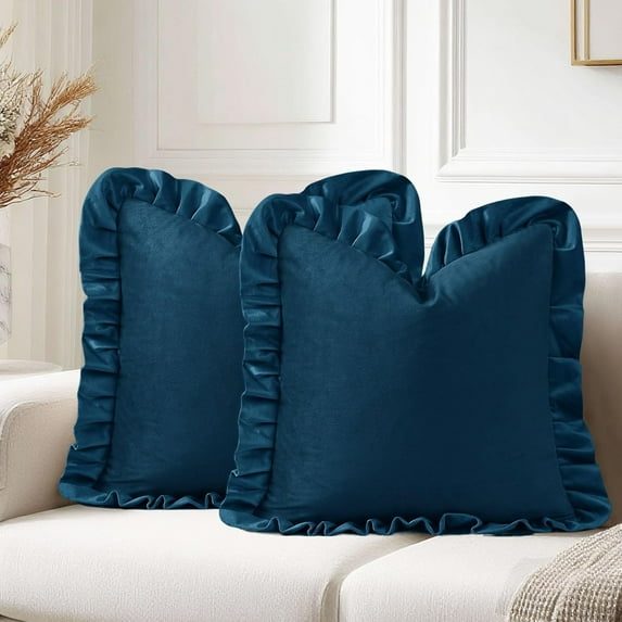 JUNCHI-Navy Blue Throw Pillow Covers 16x16 with RufflesSet of 2 Velvet ...