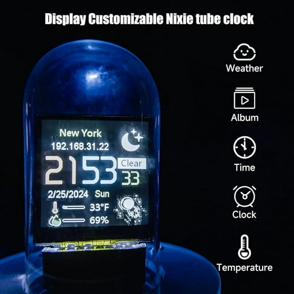 JUNCHI-Nixie Tube Clock, 1.54 Inch LCD Screen Weather Display 12 24 ...