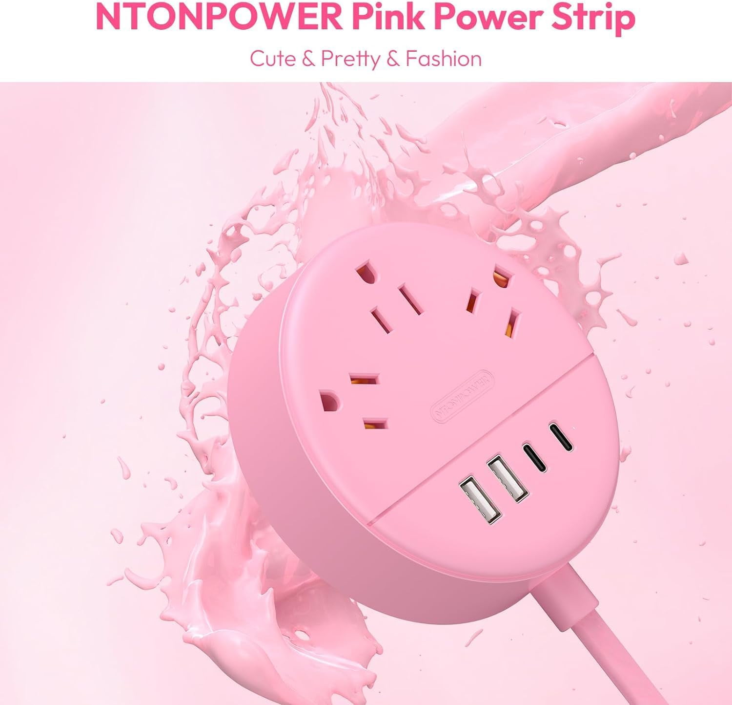 JUNCHI-Pink 2 Prong Power Strip with USB-C, 1875W/15A 2 Prong to 3 ...