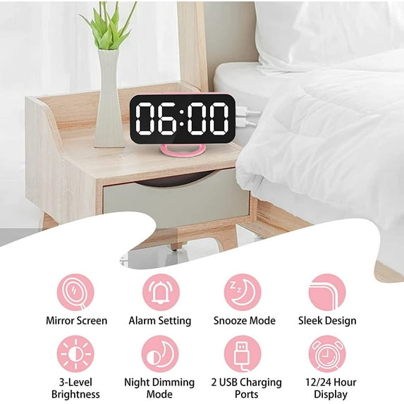 JUNCHI-Pink Digital Alarm Clock,Large Mirrored LED Clock,Snooze,2 USB ...