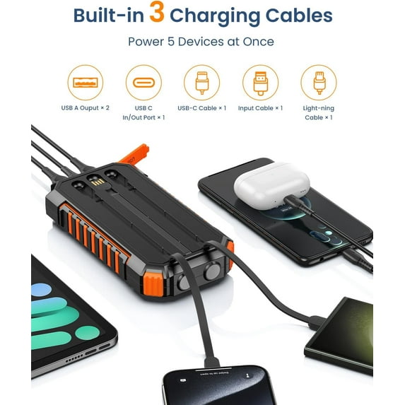 JUNCHI-Power Bank Solar Charger 27000mAh/99000mWh Built in 3 Cables ...