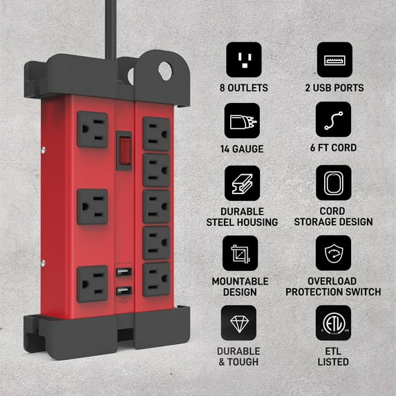 JUNCHI-Power Strip with 8 Outlets + 3 Wide Adapter Ports 2 USB - Steel ...