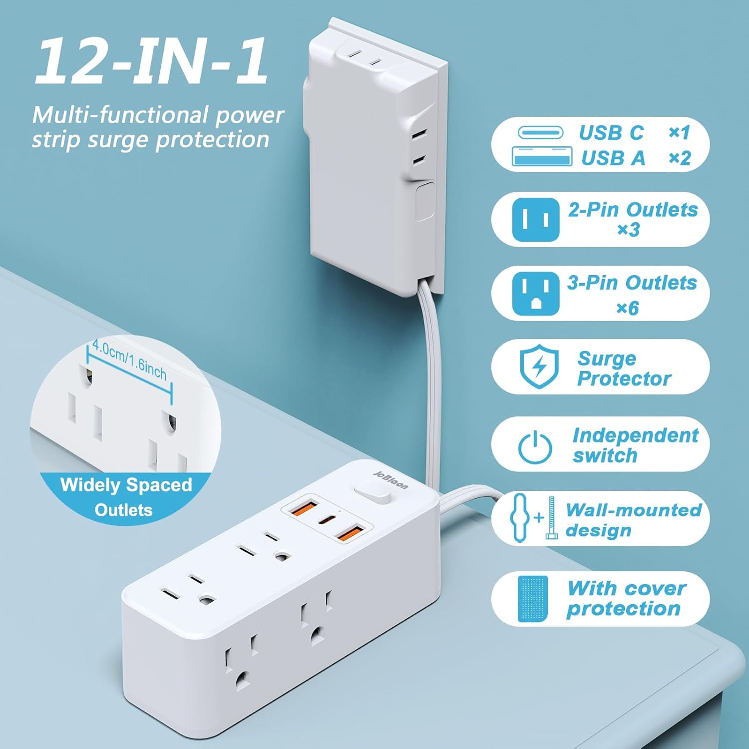 JUNCHI-Power Strip Surge Protector with Flat Extension Cord Outlet ...