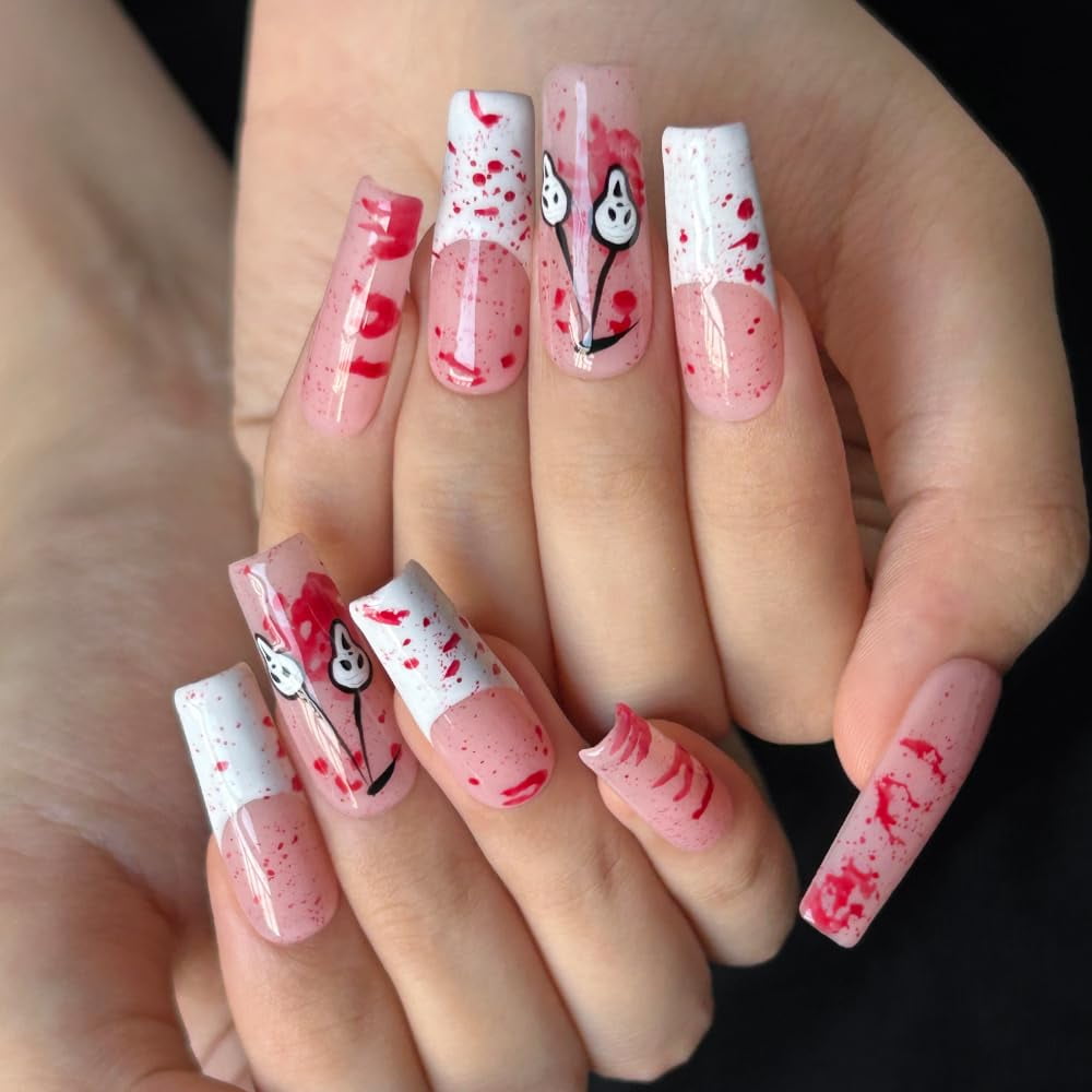 JUNCHI-Press On Nails - Handmade Long Square French Tip Fake Nails ...