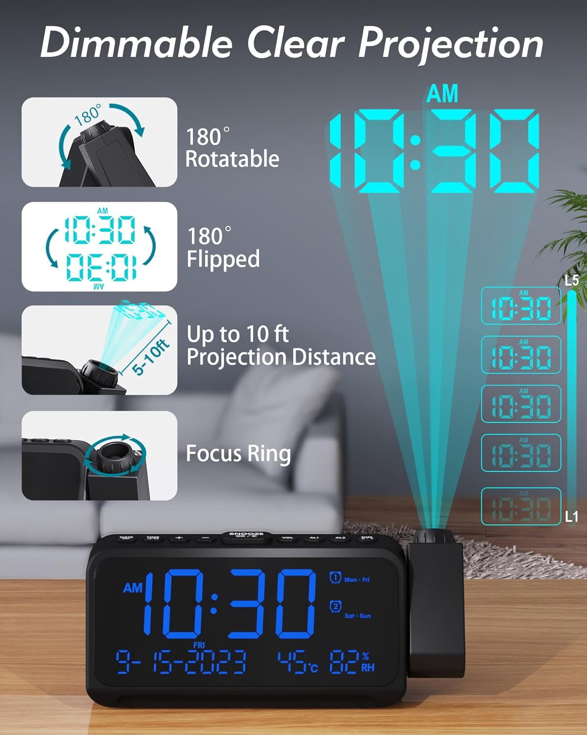 JUNCHI-Projection Alarm Clock for Bedroom Ceiling, 118 dB Super Loud ...