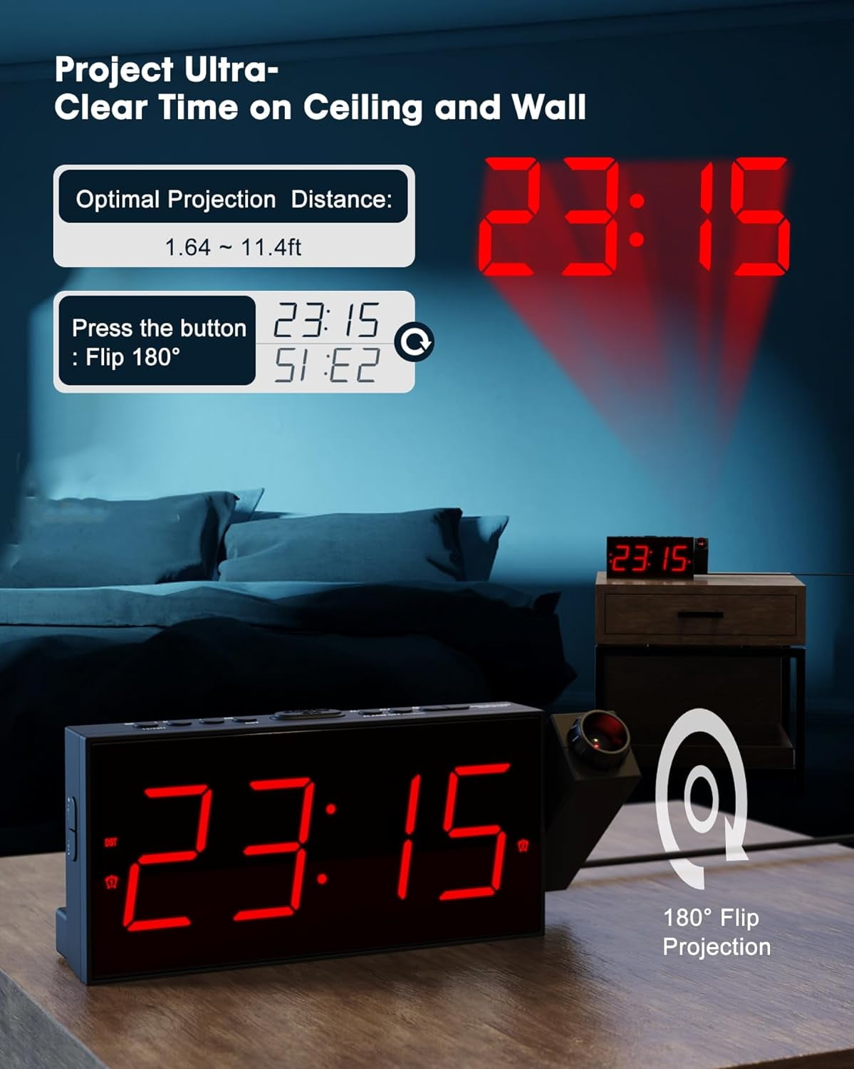 JUNCHI-Projection Alarm Clock for Bedroom,LED Digital Clock on Ceiling ...