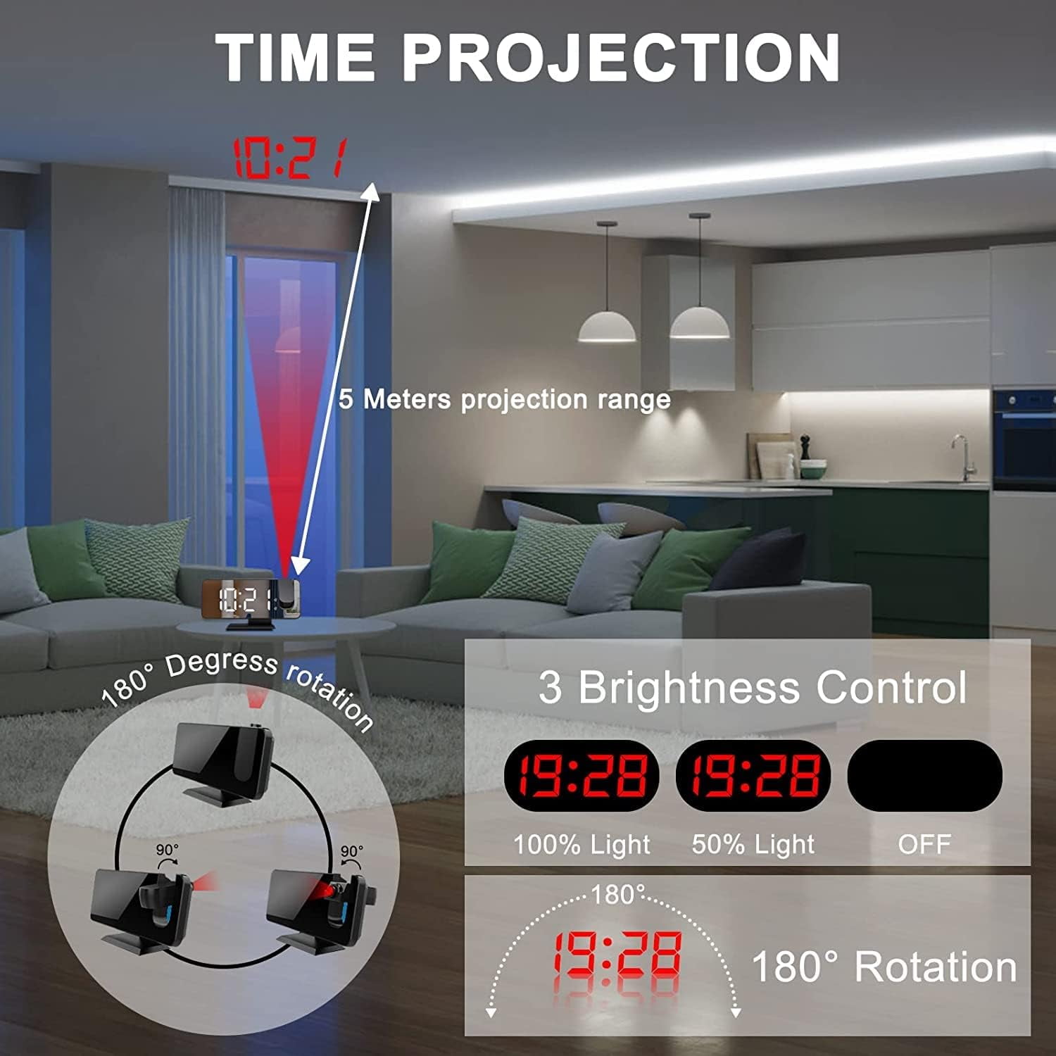 JUNCHI-Projection Alarm Clock for Bedrooms Ceiling, Digital Clock Radio ...