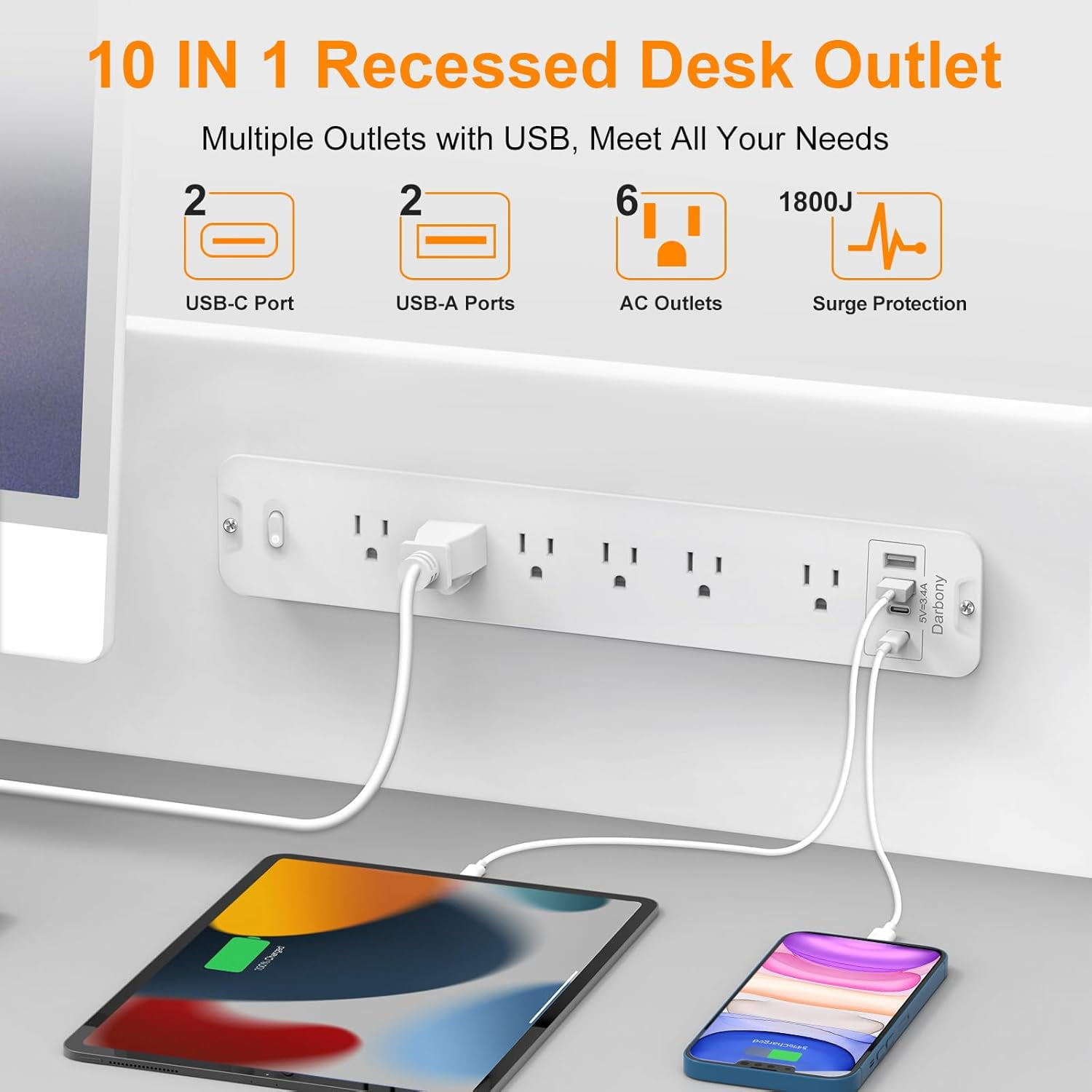 JUNCHI-Recessed Power Strip 1800J Surge Protector USB C, 6 AC Outlets ...
