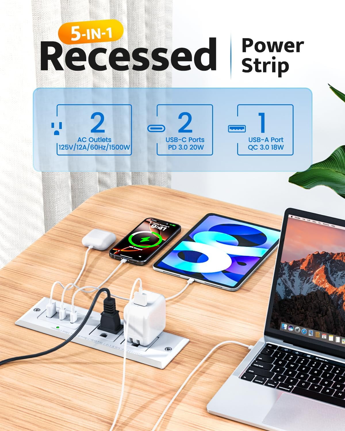 JUNCHI-Recessed Power Strip with 20W USB C Port, Fast Charging USB A ...