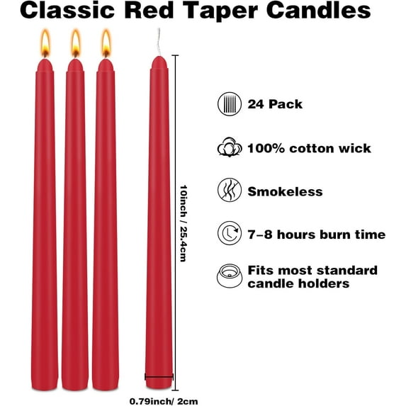 JUNCHI-Red Taper Candles 24 Pack, 10 Inch Unscented Holiday Dinner ...