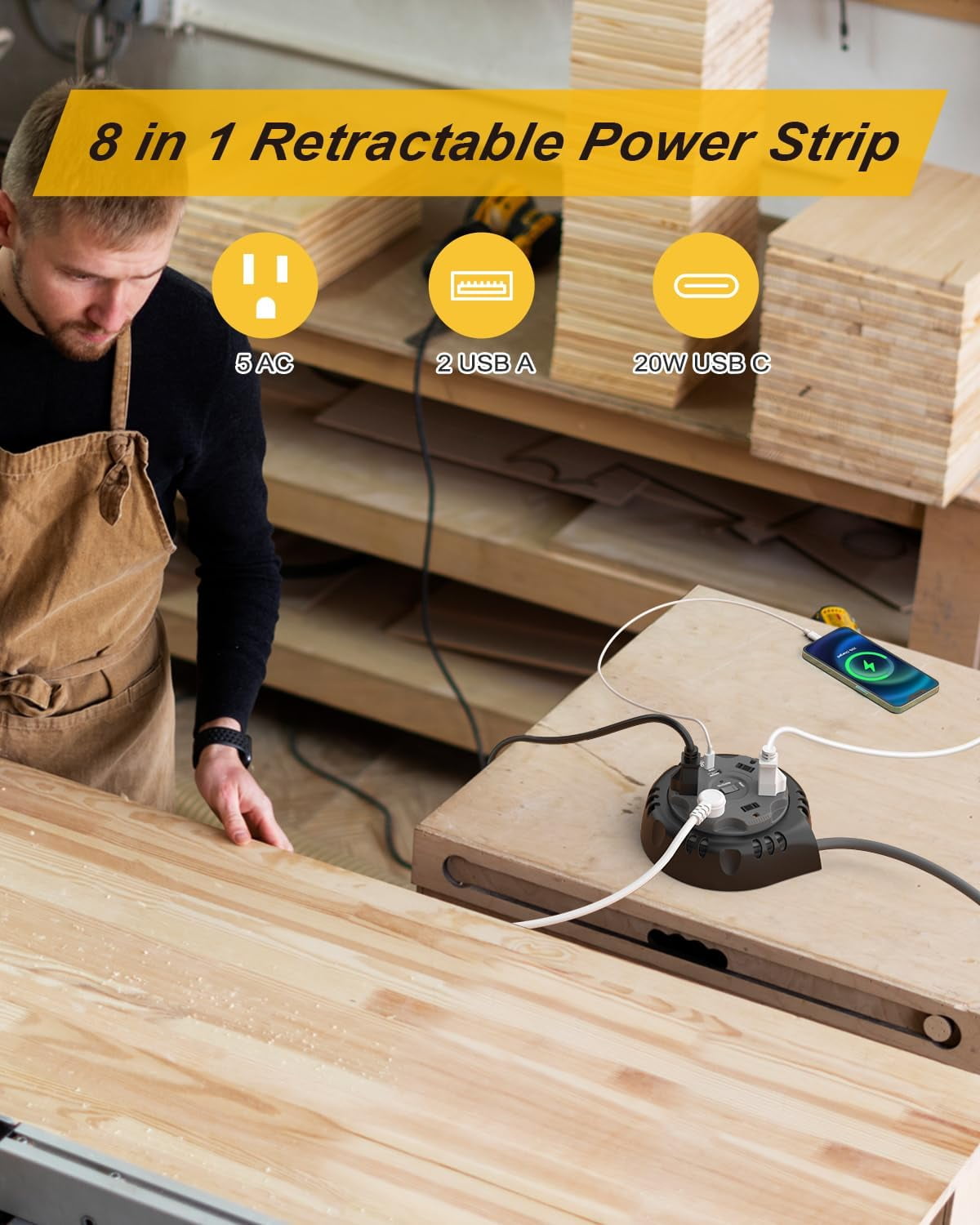 JUNCHI-Retractable Power Strip Extension Cord Reel with USB C PD 20W ...
