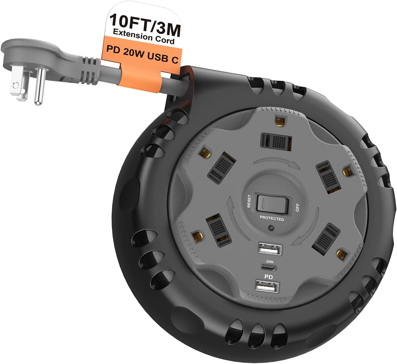 JUNCHI-Retractable Power Strip Extension Cord Reel with USB C PD 20W ...