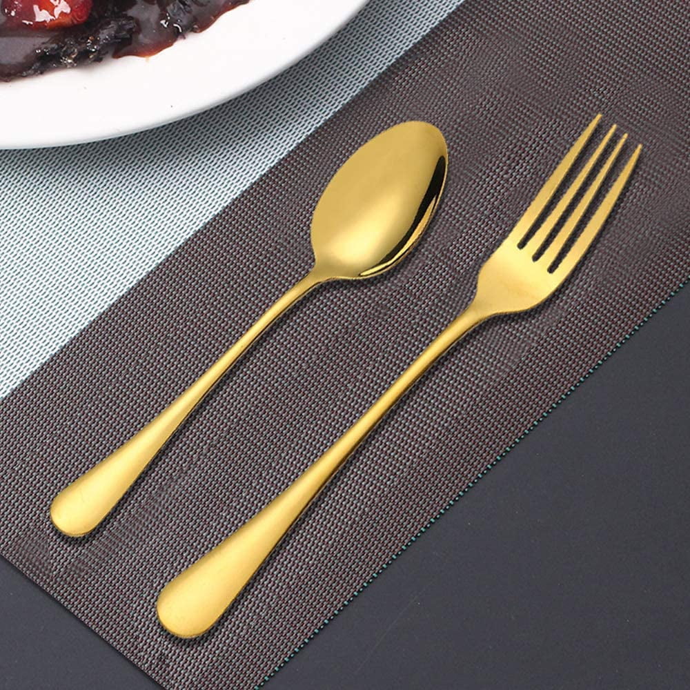 JUNCHI-Set of 12, Gold Plated Stainless Steel Dinner Forks and Spoons ...