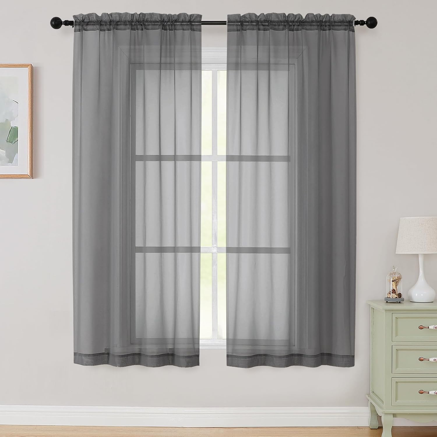 JUNCHI-Sheer Grey Curtains for Bedroom Living Room 63 Inch Length 2 ...
