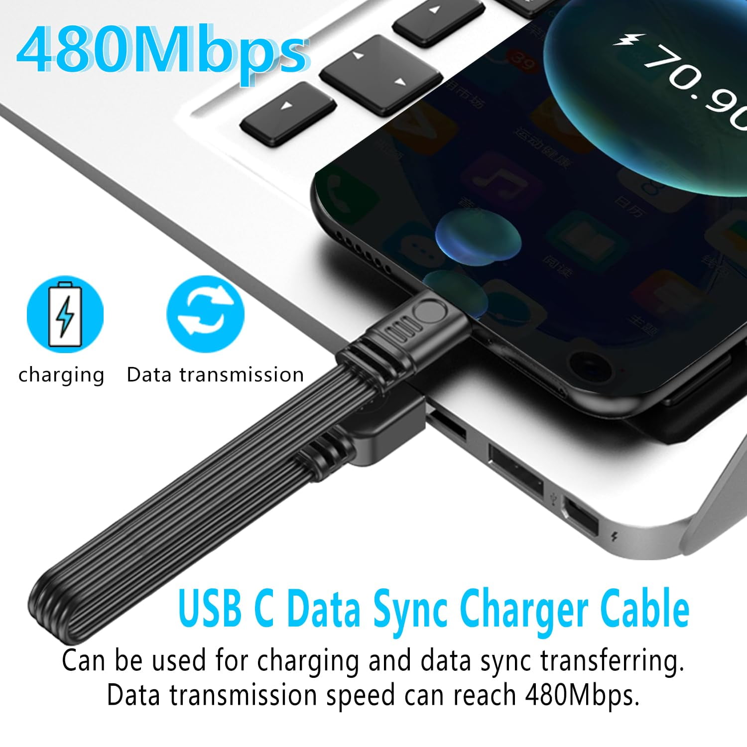 JUNCHI-Short 90 Degree USB Type C 2.0 Flat Cable,PD 65W USB C 2.0 Fast ...