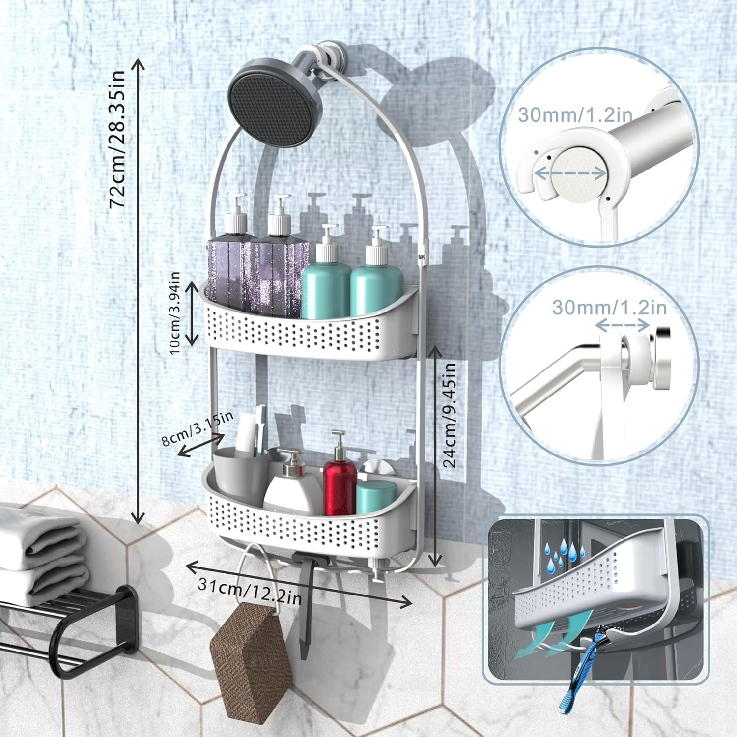 JUNCHI-Shower Caddy Hanging; Anti-Swing shower basket over Showerhead ...