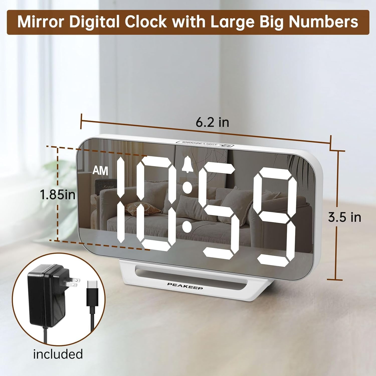 JUNCHI-Slim Digital Mirror Aesthetic Alarm Clock for Bedrooms Desk ...