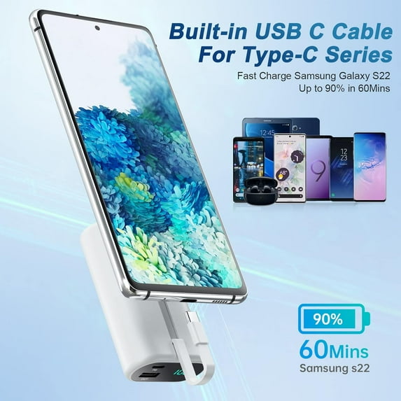 JUNCHI-Small Portable Charger 10800mAh with Built-in USB-C Cable, Mini ...