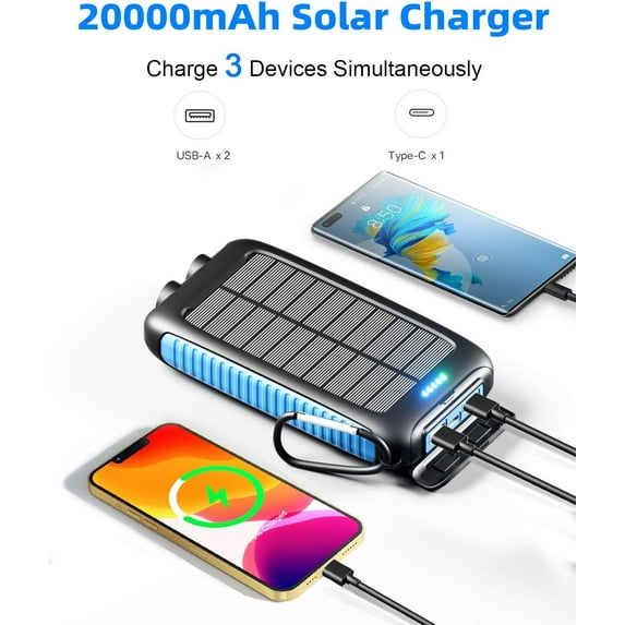JUNCHI-Solar Charger, 20000mAh Portable Solar Power Bank - IPX5 ...