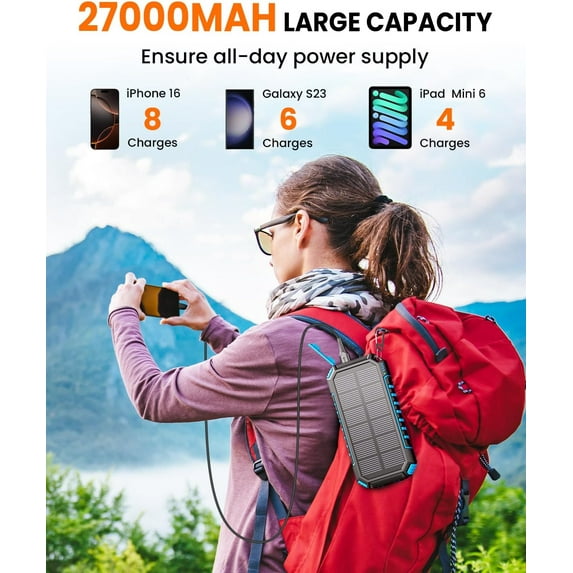 JUNCHI-Solar Charger Power Bank - 27000mAh/99000mWh Wireless Portable ...