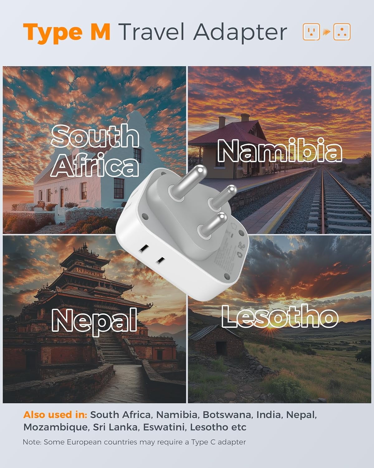 JUNCHI-South Africa Plug Adapter 2 Pack, Type M Adapter for South ...