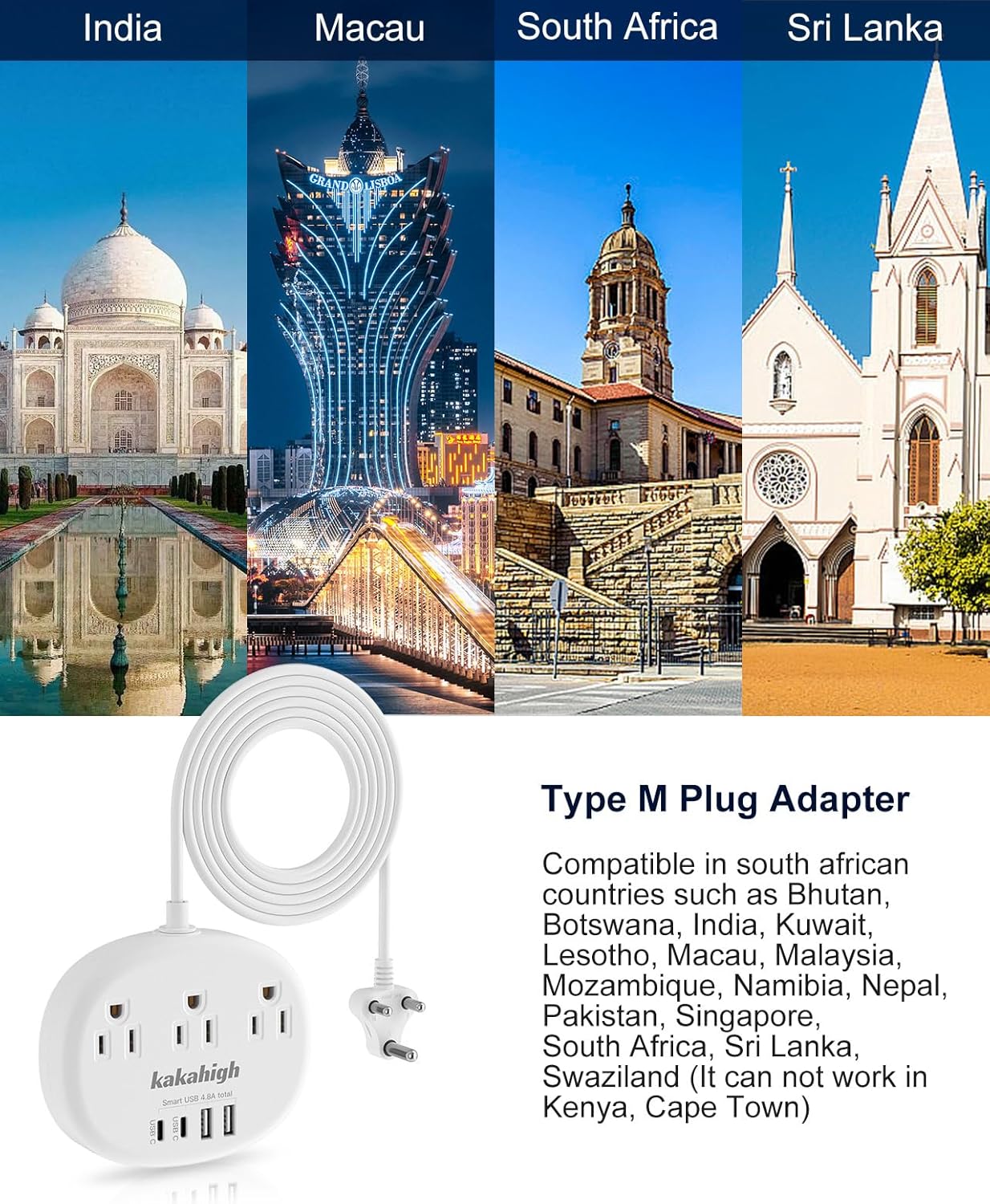 JUNCHI-South Africa Plug Adapter, Type M Adapter for South Africa with ...