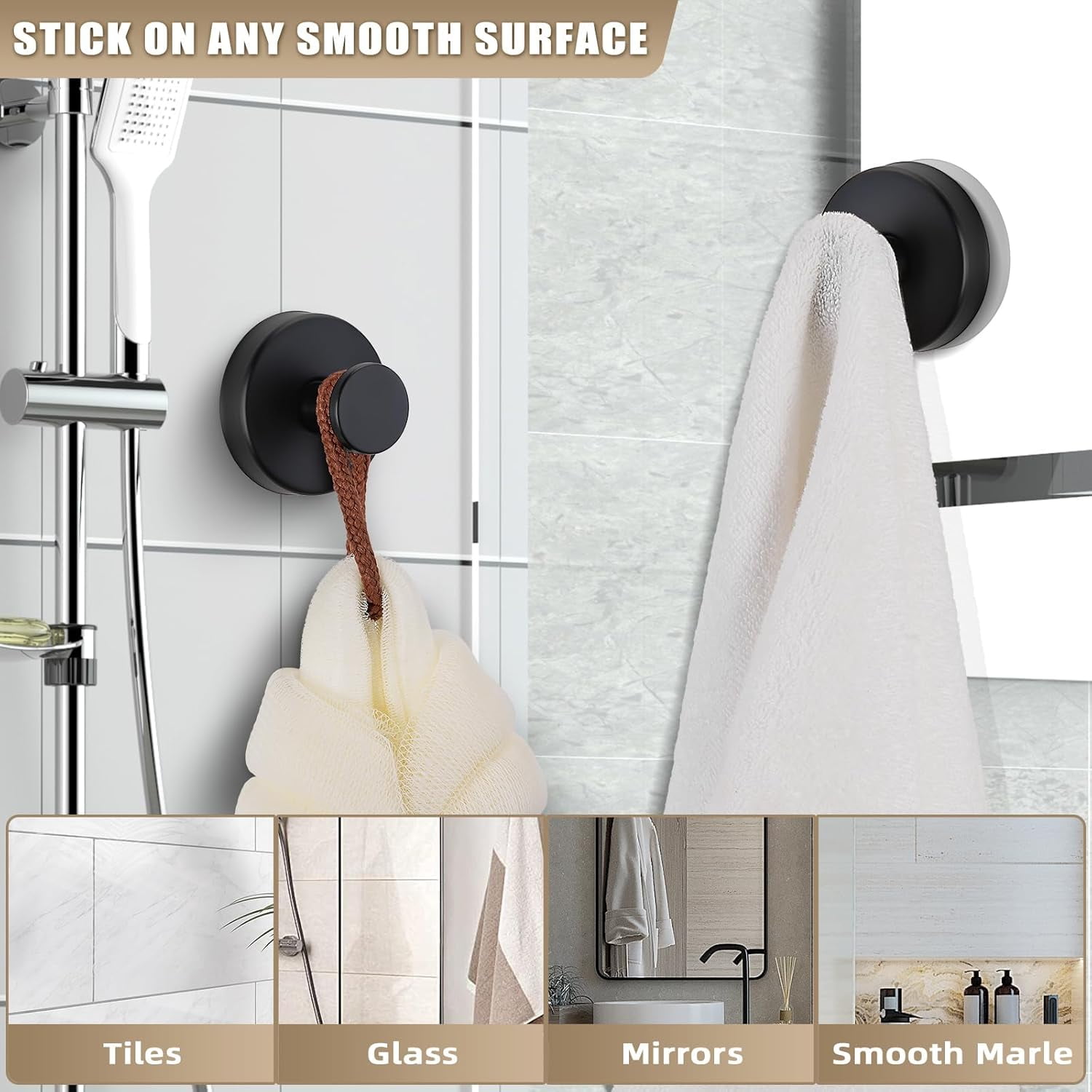 JUNCHI-Suction Cup Hooks for Shower No-Drill Bathroom Hooks for Towels ...